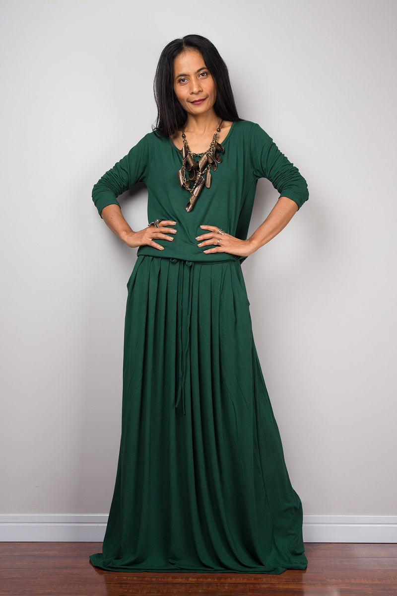 Green maxi dress, long sleeve green dress with pockets : Autumn Thrill ...
