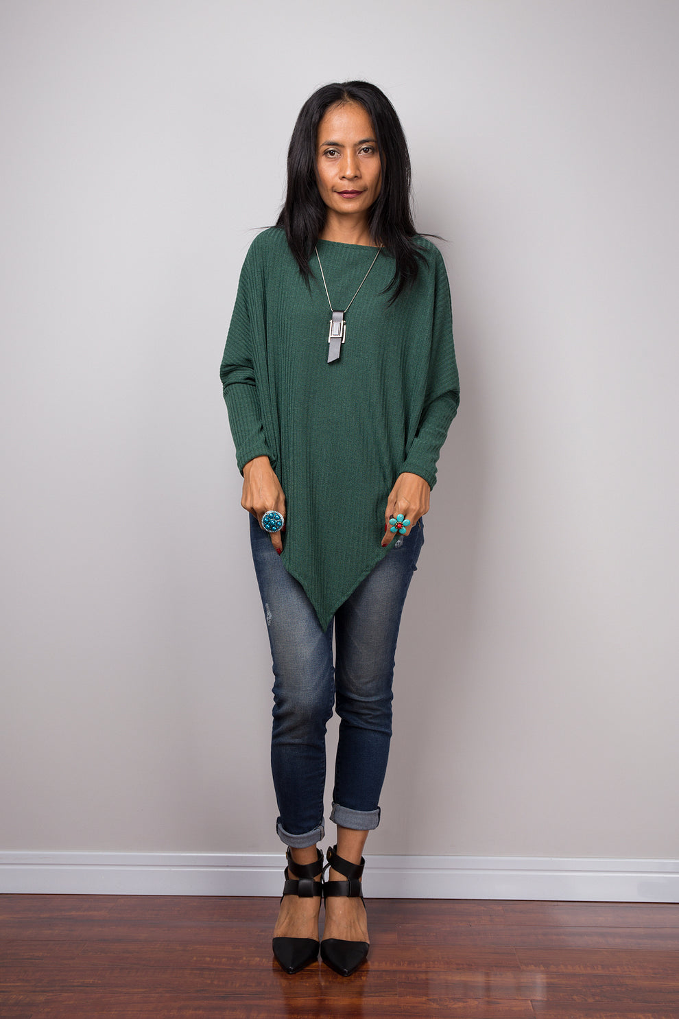 Green Sweater, Long sleeve tunic, Green Pullover, Poncho sweater, Gree ...